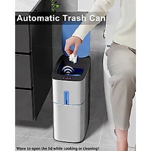 CTIME Slim Motion Sensor Bathroom Trash can Automatic touchless,Stainless Steel Garbage can with lid,3 Gallon Waste Basket,Smart bin Electric Trash cans (Includes 8 Bag Roll)