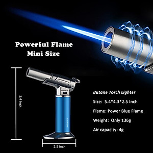 Butane Torch Refillable Kitchen Torch Lighter with Flame Lock lighter for cocktail smoker，toast, marshmallows, Creme Brulee, BBQ, and hookah coals(Blue A)