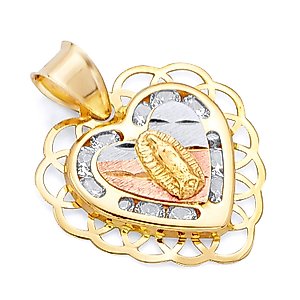 14k REAL Tri Color Gold CZ Guadalupe Medal Charm Pendant (Size : 20 x 17 mm)