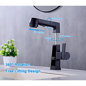 Qeemee LED Bathroom Faucet with Pull Out Sprayer, Matte Black Temperature Digital Display Sink Faucet 5 Water Flow Modes with 360° Swivel Spout Single Handle Lift Brass Faucet