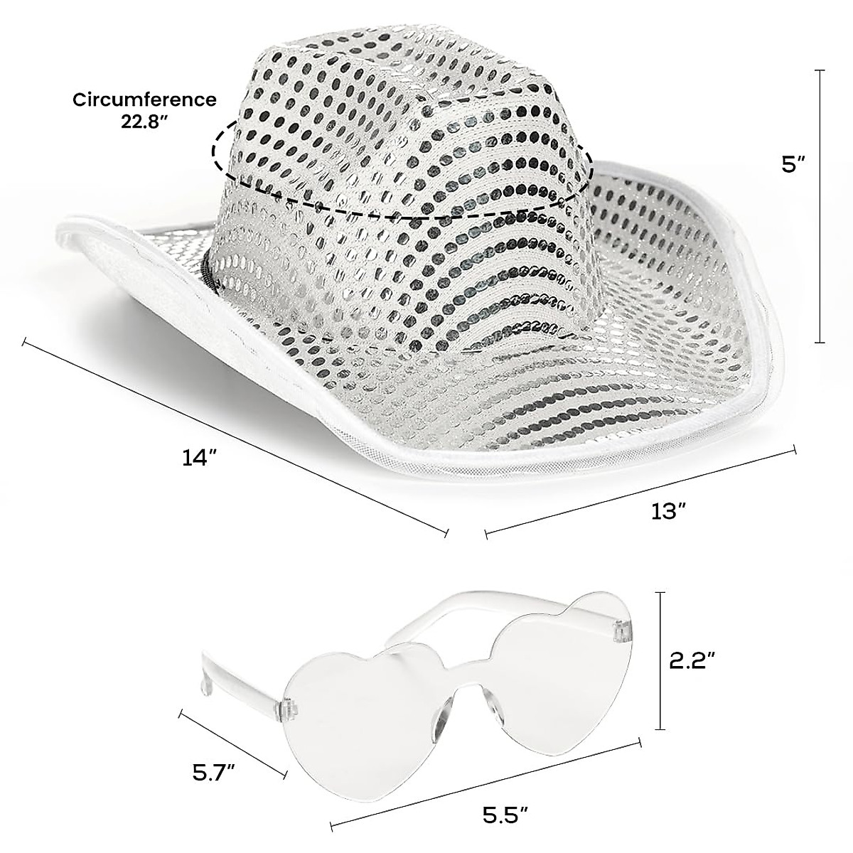 Funcredible White Light Up Cowboy Hat and Glasses - Sparkly Disco Cowgirl Hat - Sequin Cowboy Hat for Women - Cowgirl Costumes for Girls