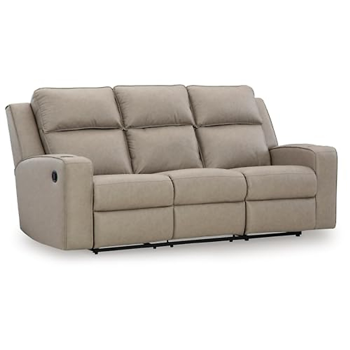 Signature Design by Ashley Lavenhorne Contemporary Faux Leather Manual Reclining Sofa with Drop Down Table, Cup Holders and USB Ports, Beige