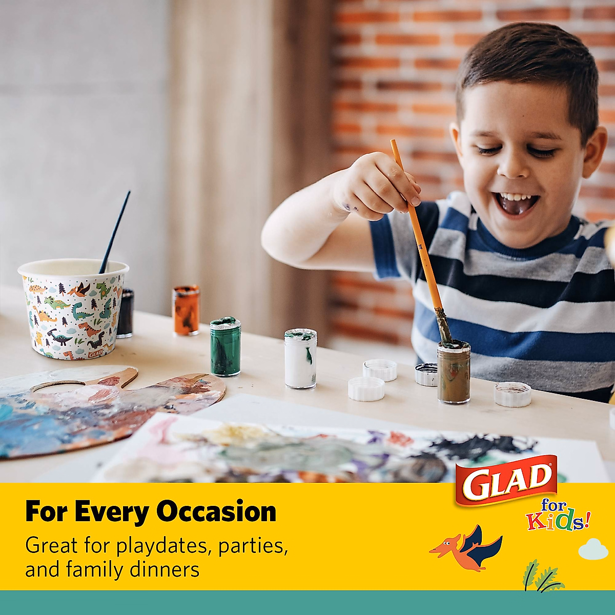 Glad for Kids Dinosaur Party Supplies - Heavy Duty Disposable Paper Snack Bowls with Lids, Perfect for Birthday Parties, Colorful Party Plates. Great for Dessert, 12 Ounce - 20 Count