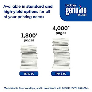 Brother Genuine High Yield Toner Cartridge, TN433C, Replacement Cyan Toner, Page Yield Up to 4,000 Pages, Amazon Dash Replenishment Cartridge, TN433, 1 Size