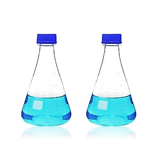 ULAB Scientific Erlenmeyer Flasks with Blue Screw Cap, 34oz 1000ml, 3.3 Borosilicate with Printed Graduation, Pack of 2, UEF1021