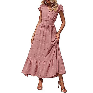 PRETTYGARDEN Womens Summer Flowy Boho Maxi Dress Short Sleeve Swiss Dot Long Dress V Neck Smocked Waist Beach Party Sundress (Pink, Large)