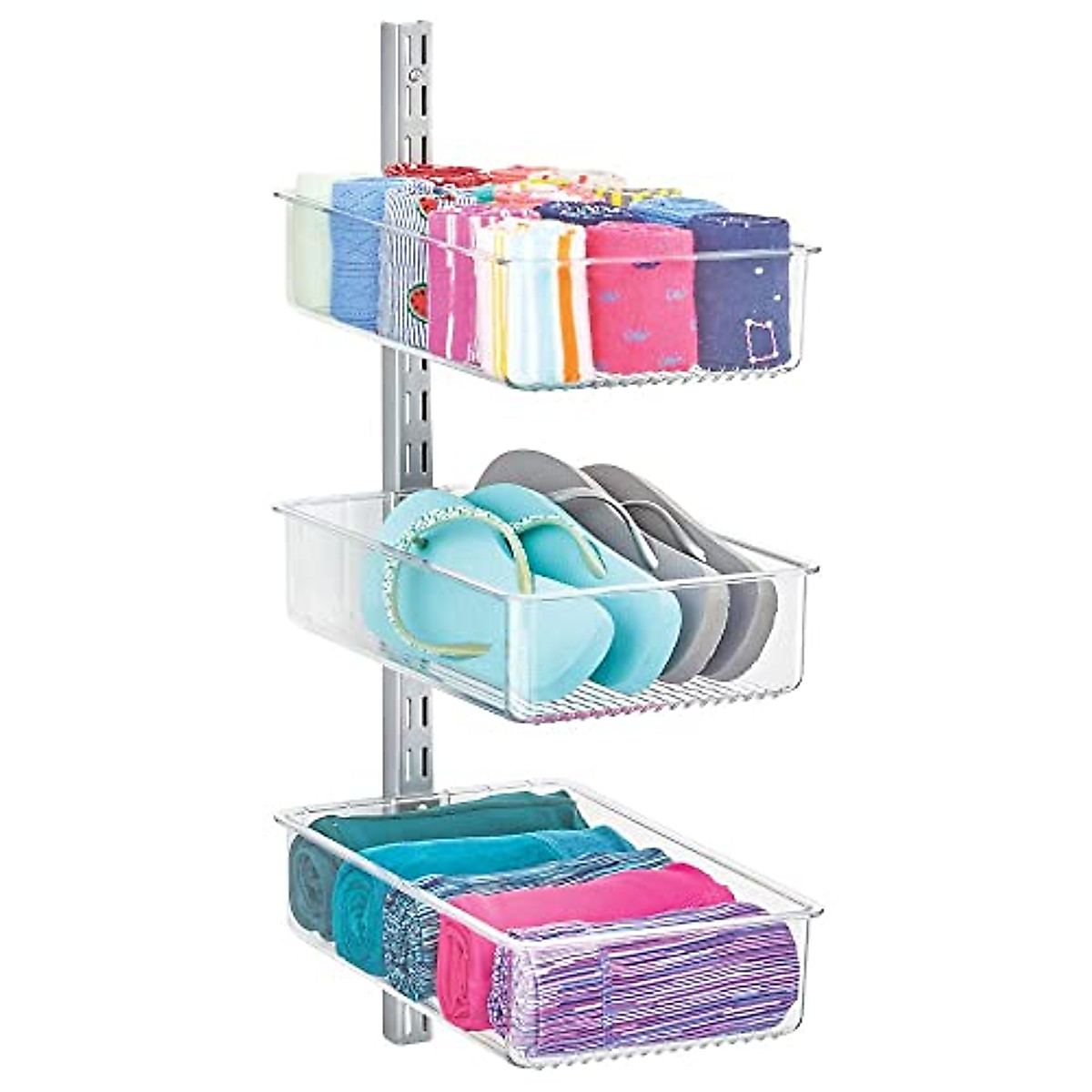 mDesign Plastic Wall Mount Bins with Metal Hanging Bar - Repositionable Bins - for Closet Storage and Organization - Holds Belts, Leggings, Shoes, Purses, Scarfs - Set of 3 - Clear