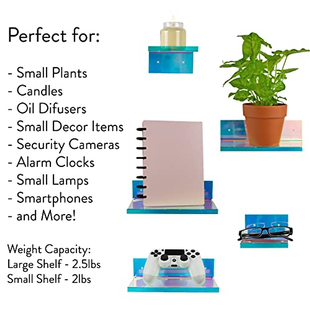 BRBR Store Floating Multi-Use Acrylic Wall Shelf Set | Pack of 2 Iridescent Mounted Shelves with Ledge and Hole for Photo Display, Phone Charging, More, One 4 In x 3 9