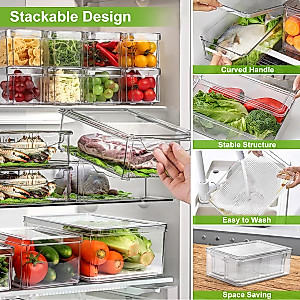 RIKOJUXI Set Of 14 Fridge Organizer, BPA Free Stackable Refrigerator Organizer Bins with Lids, Fridge Organizers and Storage Clear Refrigerator Storage Containers for Fruits, Vegetable, Food, Drinks