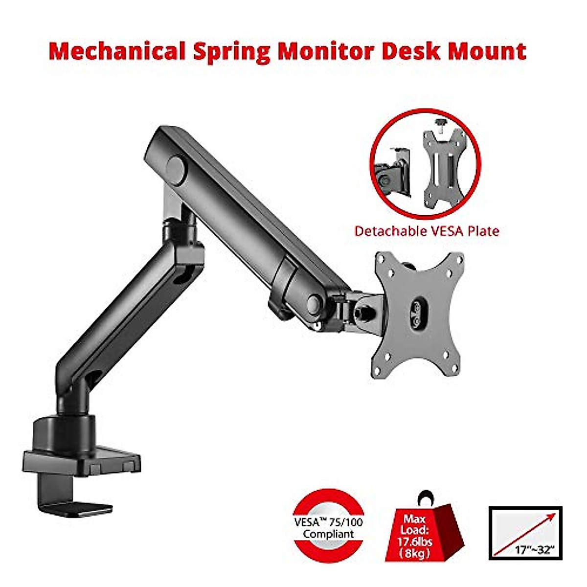 SIIG Aluminum Mechanical Single Monitor Arm Mount - Height Adjustable Desk Mount for 17in to 32in Screens - 17.6lbs Max VESA 75x75mm 100x100mm, Black
