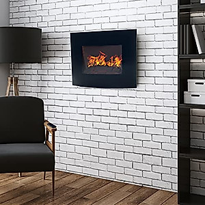 25.5-Inch Wall Mounted Electric Fireplace - Curved Glass Heater with Log Fuel Effect, Adjustable Flames, and Remote Control by Northwest (Black)