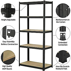 5 Tier Shelving Unit Heavy Duty Garage Metal Storage Boltless Adjustable Shelves for Storage,Standing Utility Multipurpose Muscle Shelf for Office, Garage, Kitchen,77"x 39" x 20", Black