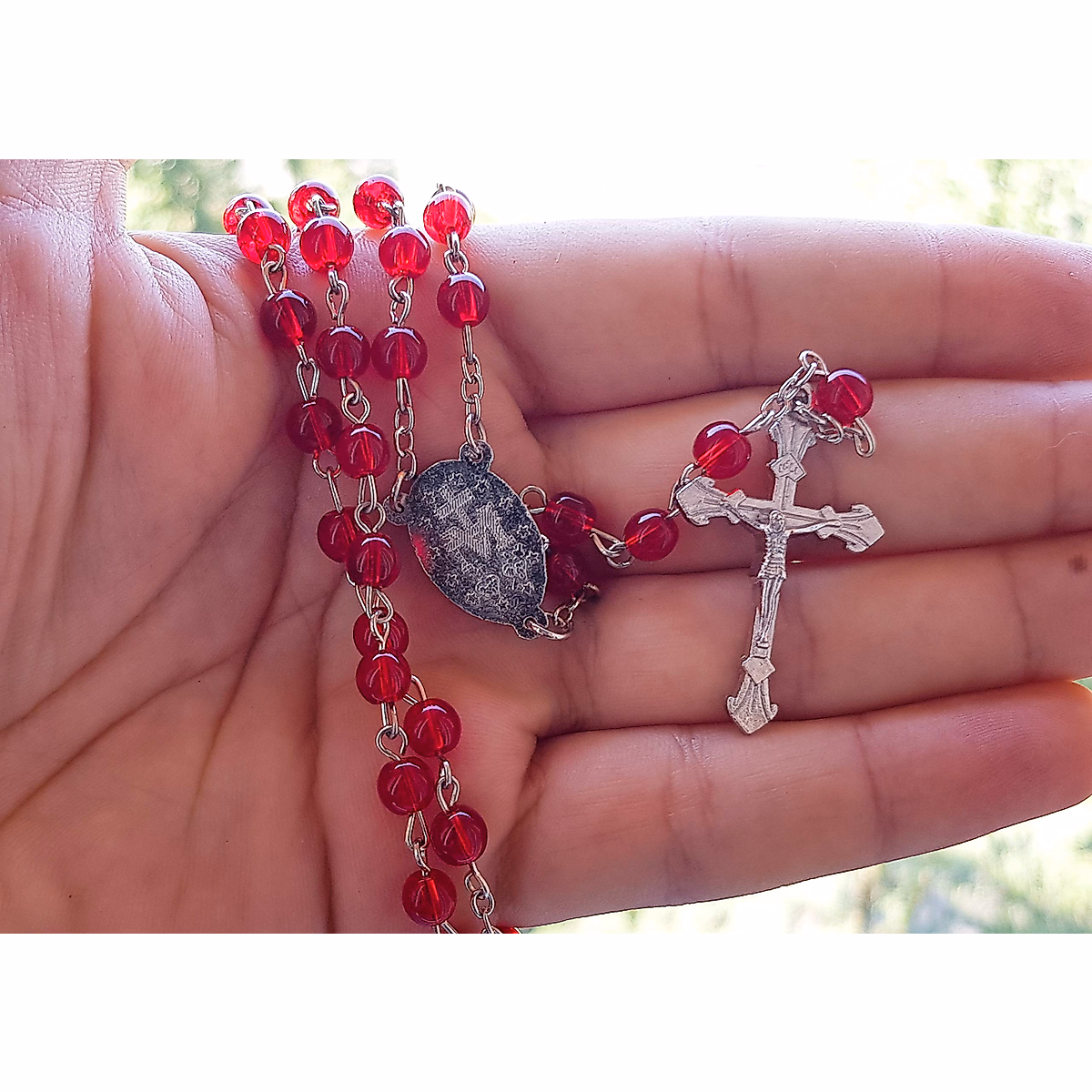 Nazareth Store Red Glass Beads Rosary Catholic Necklace Prayer Miraculous Medal Cross Holy Land Religious Gifts for Women and Men