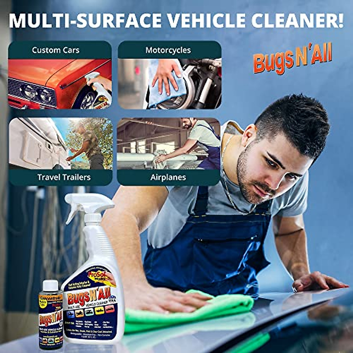 PROSOL WORKS Bugs N' All Bug & Tar Remover for all Vehicles - Multi Surface Cleaner Spray Concentrate 4 oz w/Empty Cleaning Spray Bottle 32 oz - Interior & Exterior Car Cleaner Car Detailing Solution