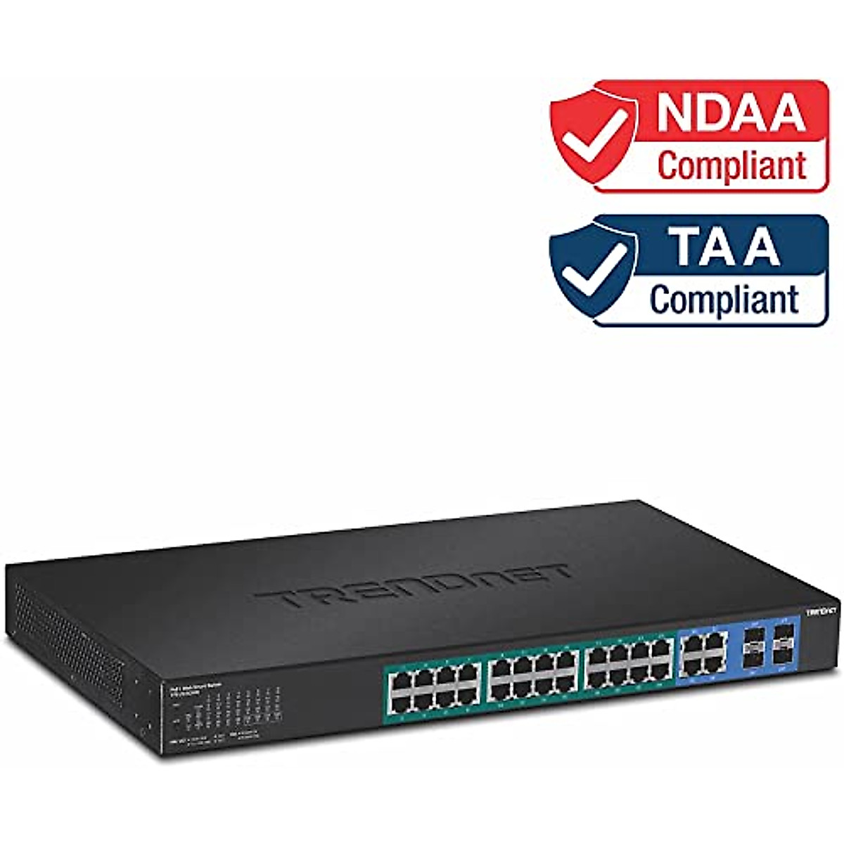 TRENDnet 28-Port Gigabit Web Smart PoE+ Switch, 24 x Gigabit Ports, 4 x Shared Gigabit Ports (RJ-45 or SFP), 185W PoE Budget, 56Gbps Switching Capacity, Lifetime Protection, Black, TPE-2840WS