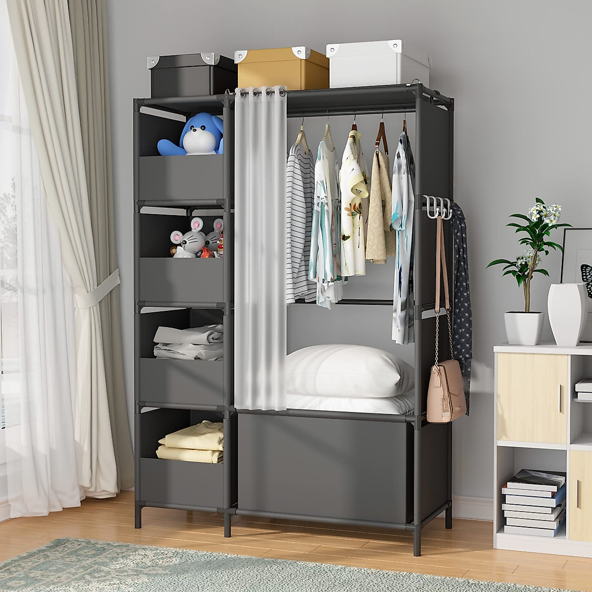 MOYIPIN Portable Wardrobe Storage Closet, Clothes Storage Cabinet with Curtain, for Living Room, Bedroom, Clothes Room, Black，40.55 x 16.73 x 65.35Inches