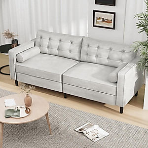 YODOLLA 84.2 Inch Faux Leather Sofa Couch with 2 Bolster, Large Mid Century Modern Couch with 2 Bolster Pillows 3 Seats Sofa Couch for Living Room, White