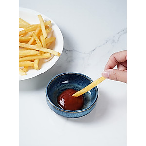 Tacuhy 3 Oz Ceramic Soy Sauce Dish Small Pinch Seasoning Sushi Dip Bowl 3.5 Inch Mini Side Dishes Tomato Sauce Cups Condiment Dipping Bowls, Set of 4, Blue