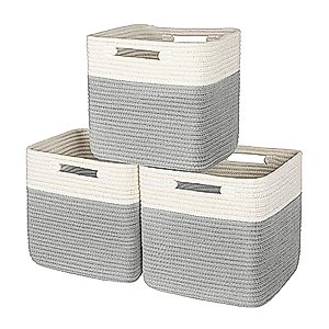 AELS Hand Woven Cotton Baskets for Storage, Cube Storage Bins with Handles, Foldable Collapsible Closet Organizers and Storage, Boho Farmhouse Storage Cubes for Shelves, Beige and Gray