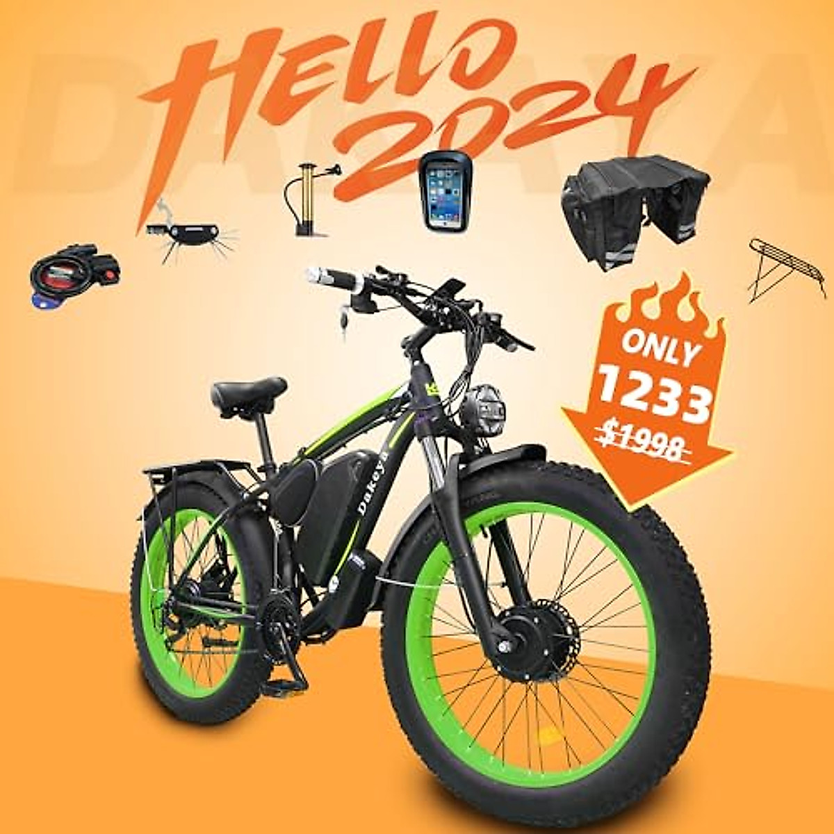 Dakeya Da06 Electric Bike for Adults,Dual Motor Ebike AWD 2000W,21-Speed 35MPH Mountain Snow Ebike with Removable 52V 23AH Battery,26" x 4.0 Fat Tire E-Bike with High-Capacity Cycling Pannier Bag