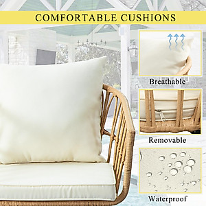 HYDRAGARDEN 3 Piece Patio Bistro Set, Outdoor Wicker Conversation Chair Sets Balcony Furniture with Coffee Table & Cushions, All-Weather Rattan Table and Chairs Set for Porch Backyard Deck Poolside