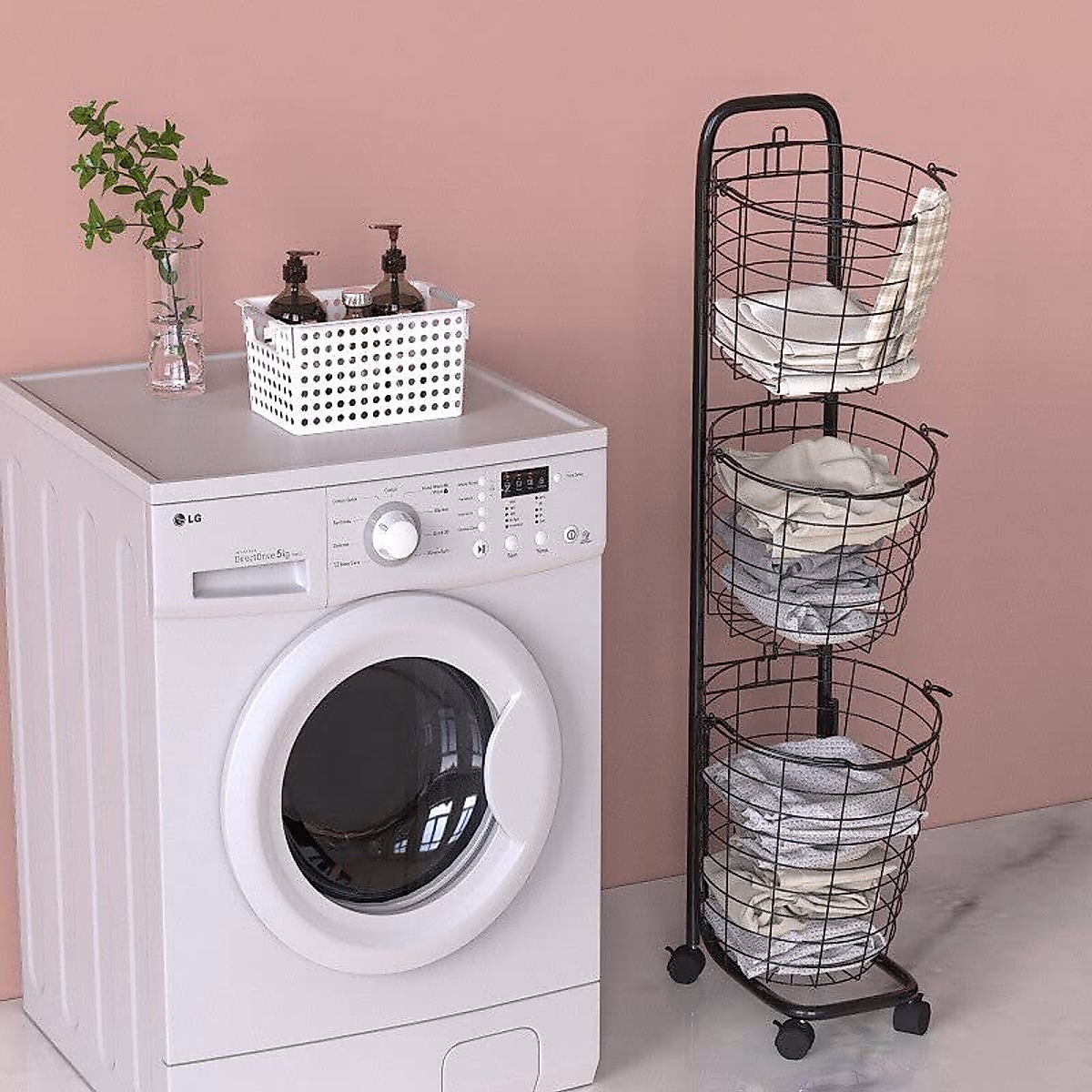 MYOYAY 3-Tier Laundry Basket 360° Moveable Iron Art Laundry Basket with Wheels Metal Wire Small Clothes Storing Stand Removable Dirty Clothes Storage Basket Bathroom Balcony Black