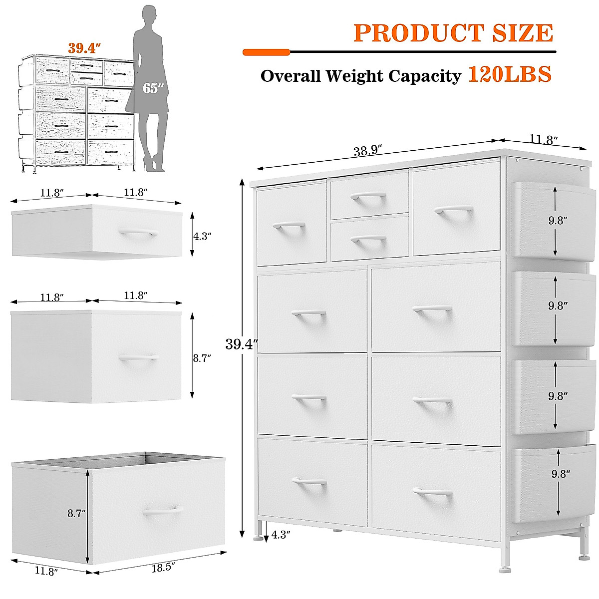 Lulive White Dresser for Bedroom with 10 Drawers, Chest of Drawers with Side Pockets and Hooks, PU Storage Dresser, Organizer Unit for Living Room, Hallway, Closet (White)