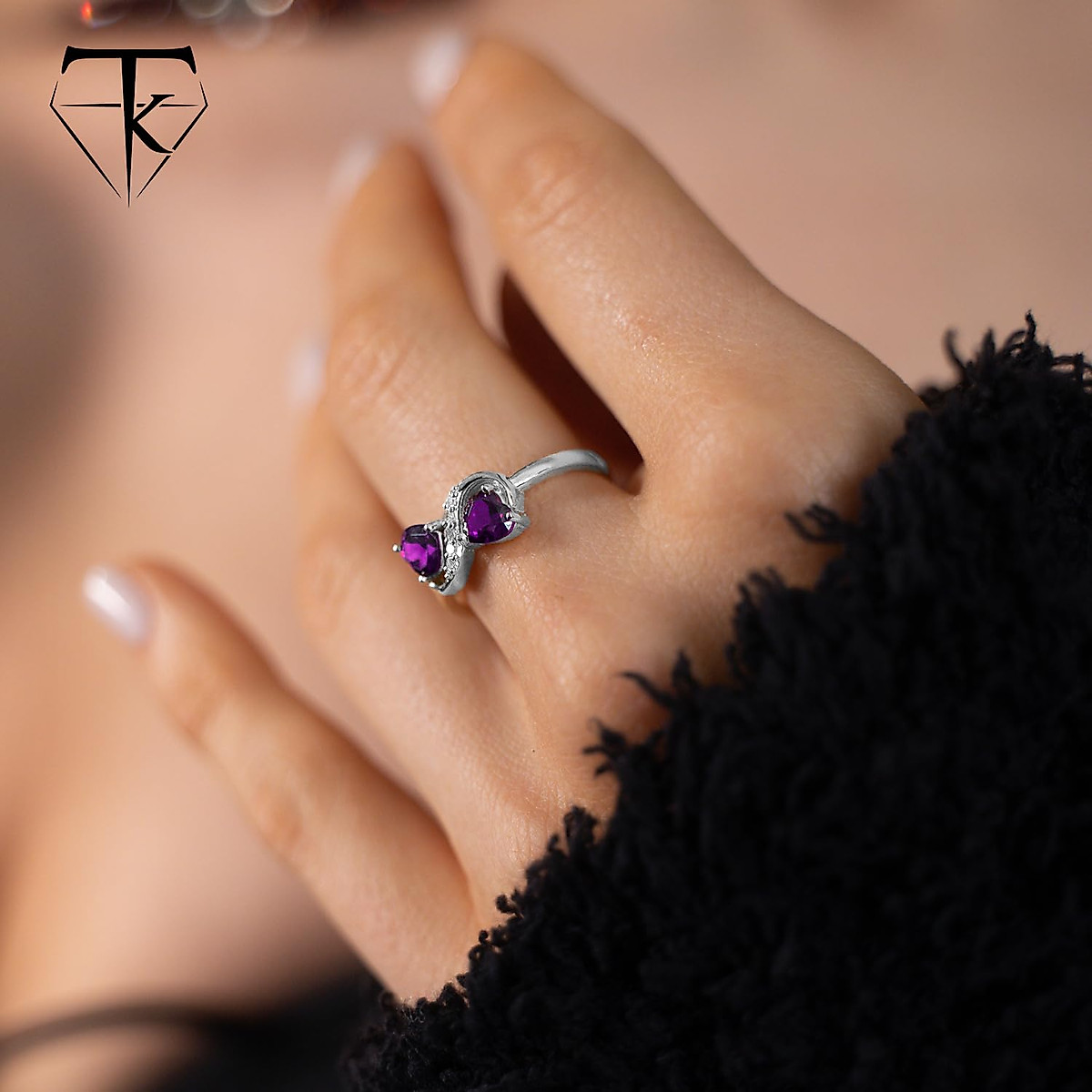 Takar 925 Sterling Silver Double Heart Amethyst And Diamond Infinity Ring, Birthstone Heart Ring, Amethyst Jewelry For Women Made In USA