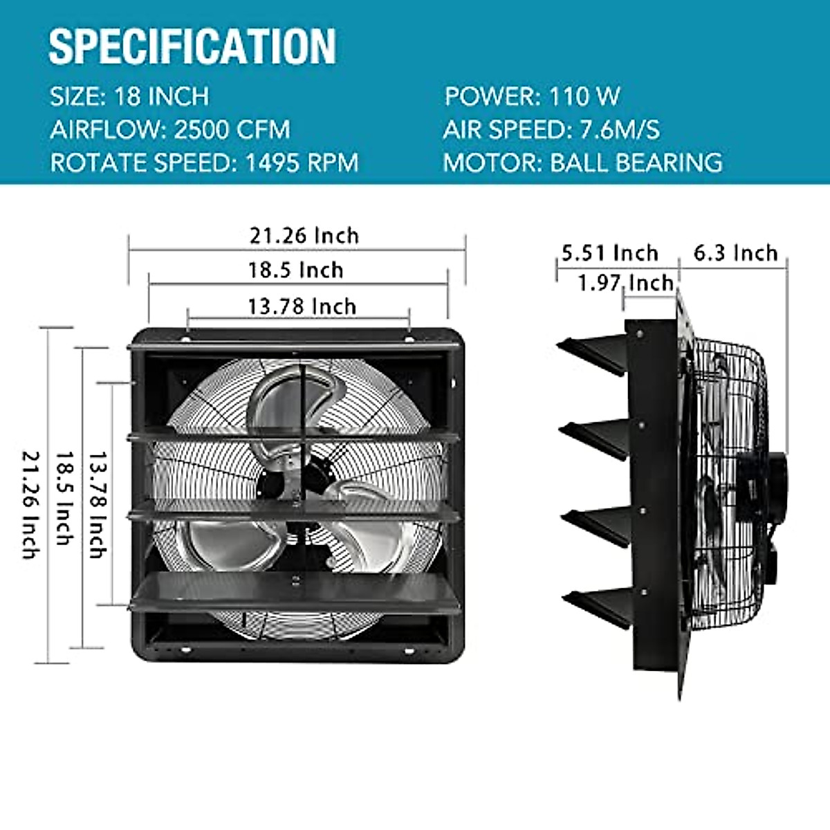 VENTISOL 18 Inch Shutter Exhaust Fan Wall Mounted, Aluminum with 1.65 Meters Power Cord Kit,High Speed 2500CFM, Ventilation Fan for Garage,Greenhouse,Attic,Shed,Shop,Black