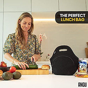 ANGU Neoprene Lunch Bag with Pocket - Keep Your Lunch Nice and Chilled - Washable Lunch Bags Made of Durable 5mm Neoprene - Quality YKK Zippers will Never Break - Soft Cotton Feel (Black)