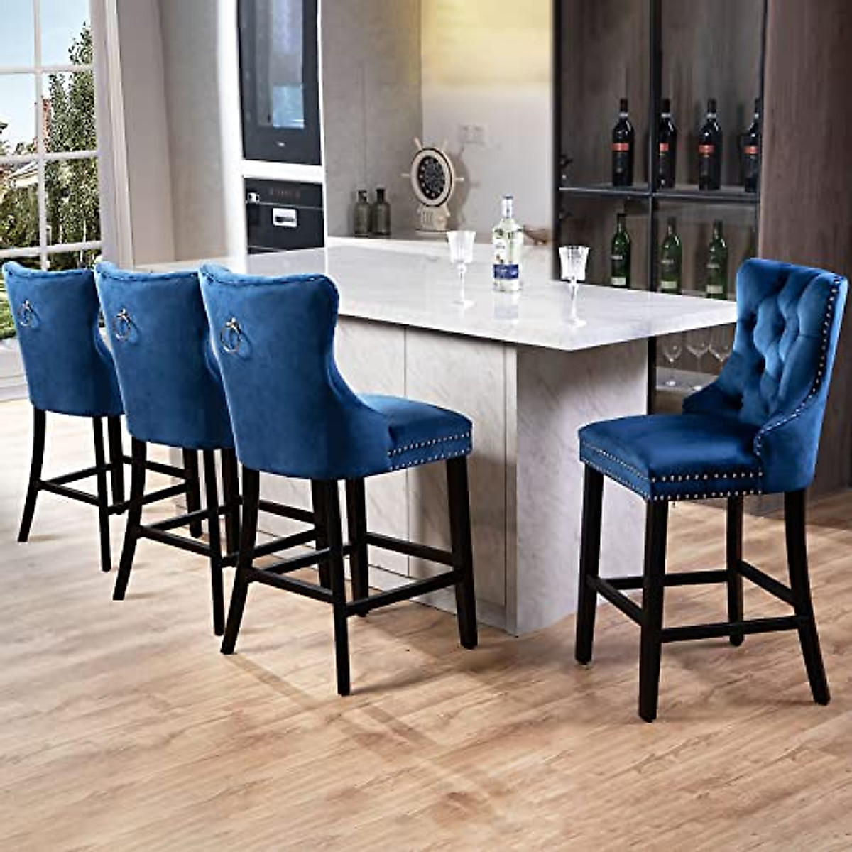 SICOTAS Bar Stools Set of 6 Stool Chair - Tufted Back Counter Stools for Kitchen Counter with Upholstered Velvet Cushion Barstools Nailhead Trim Wood Bar Height Chairs Stool for Pub Bistro 27.2'' Blue