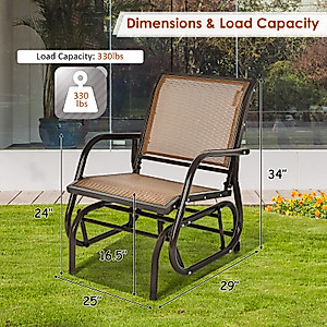 Giantex Swing Glider Chair W/Study Metal Frame Comfortable Patio Chair Love-Seat for Garden, Porch, Backyard, Poolside, Lawn Outdoor Rocking Chair (1, Brown)