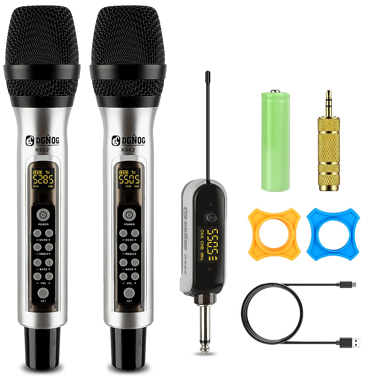 DGNOG K662 Metal Wireless Microphones with Echo, UHF Dual Cordless Handheld Karaoke Dynamic Mic System with Rechargeable Receiver, 200FT Range for Singing, Wedding, Speech, Dj, Church, Party