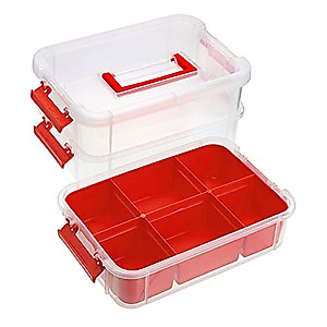 BTSKY 3 Layer Stack & Carry Box, Plastic Multipurpose Portable Storage Container Box Handled Organizer Storage Box with Removable Tray for Organizing Sewing, Art Craft, Supplies Red