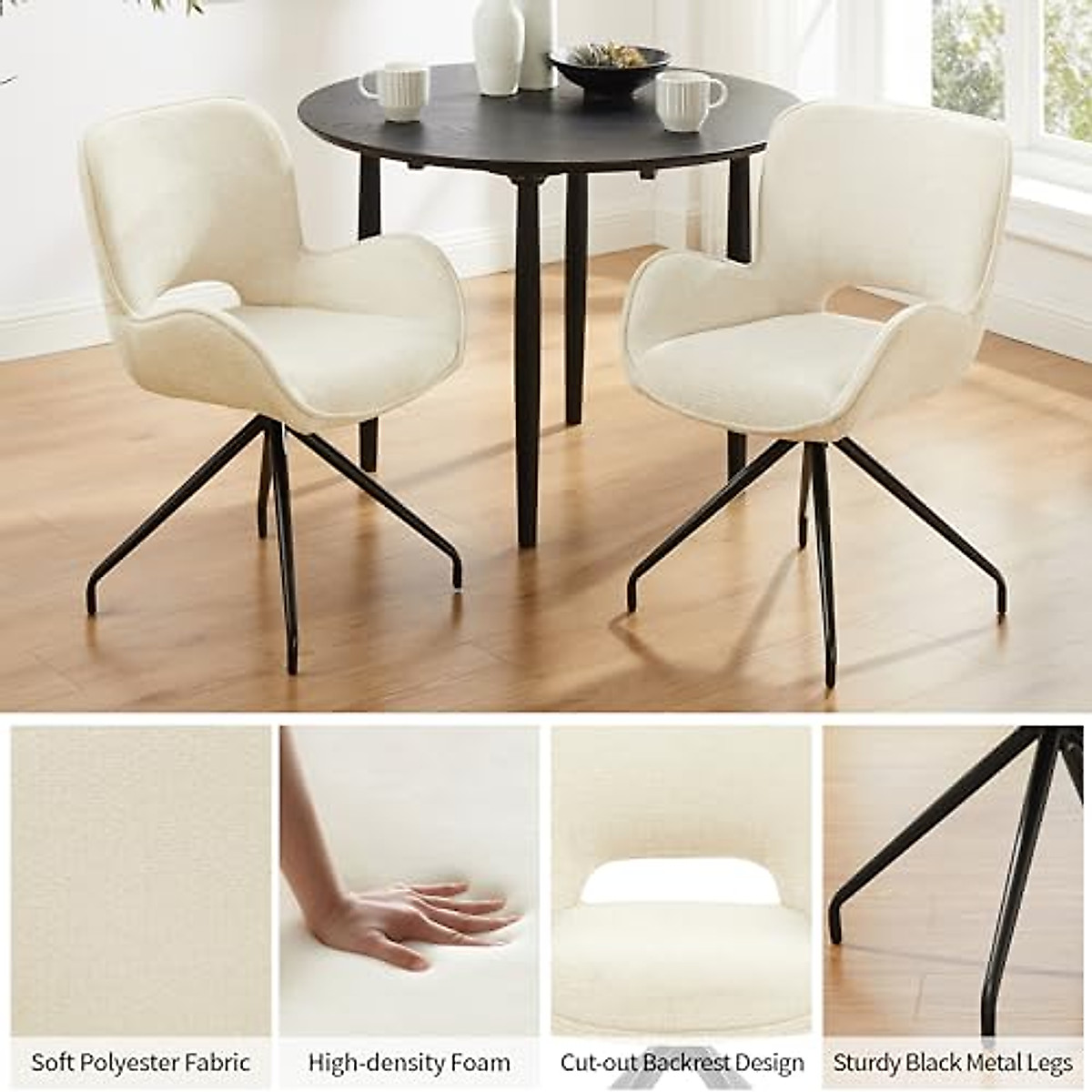 Art Leon Dining Chairs, Set of 2, Fabric Upholstered Dining Room Chairs, Modern Swivel Accent Chairs with Black Metal Legs for Living Room Kitchen, Off White
