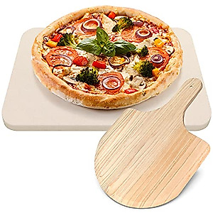 KORCCI Pizza Stone 15 x 12In, Free Wooden Pizza Peel Paddle, Rectangular Pizza Stone for Oven Baking & BBQ Grilling. Cordierite Thermal Shock Resistant Cooking Stone, Durable and Safe