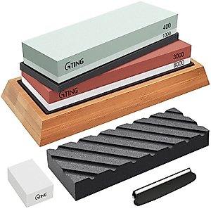 Sharpening Stone Whetstone Knife Sharpener, G-TING 400/1000 and 3000/8000 Grit Knife Sharpening Kit Wet Stone with Flattening Stone, Angle Guide, Non Slip Bamboo Base for Kitchen Knives, Pocket Knife