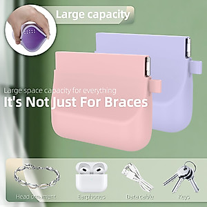 Nearockle 2 Pack Silicone Retainer Case with Lanyard, Soft Denture Case with Vent Holes Compatible for Invisalign, Portable Mouth Guard Case Travel Containers (Pink+Purple)