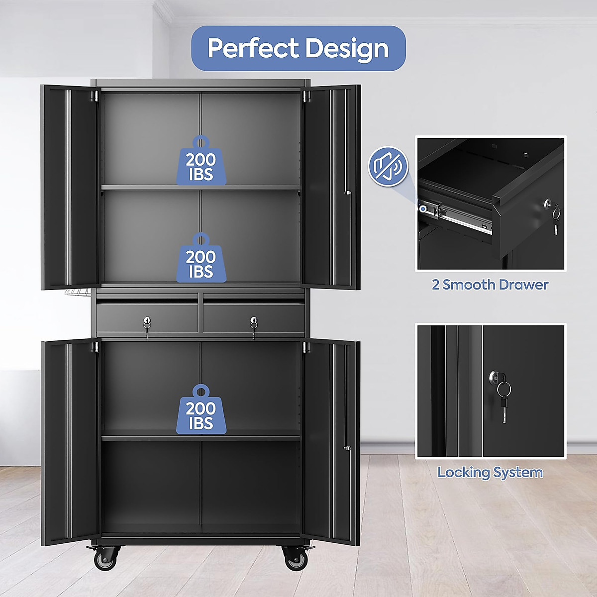 GLADIW Garage Storage Cabinet with Wheels, Metal Garage Storage Cabinet with 2 Drawers and 2 Adjustable Shelves for Homes, Offices, Kitchens, Schools and Pantries