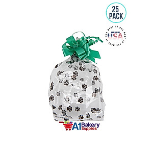 A1BakerySupplies® 25 Pack Paw Print Design Printed Cellophane Bags 4 In X 2 In X 9 In