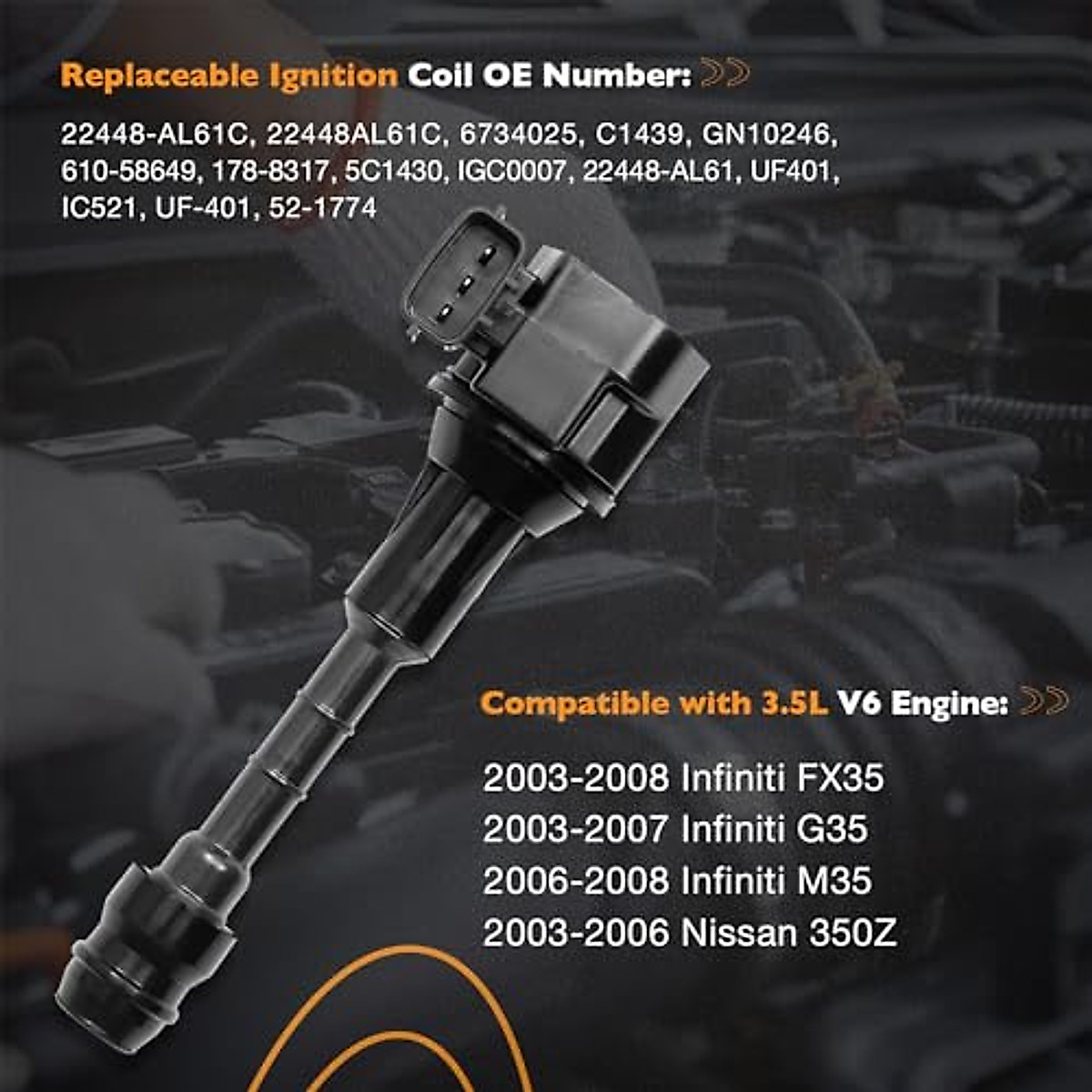 HQPASFY Ignition Coil Pack Set of 6 Compatible with 2003-2008 Infiniti G35 M35 FX35 Nissan 350Z 3.5L V6 Replaces# 22448-AL61C, 22448AL61C, 6734025, C1439, GN10246