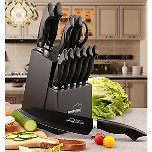 Knife Set, 15 Pieces Kitchen Knife Set with Built in Sharpener, German High Carbon Stainless Steel Knife Block Set, Dishwasher Safe, Black