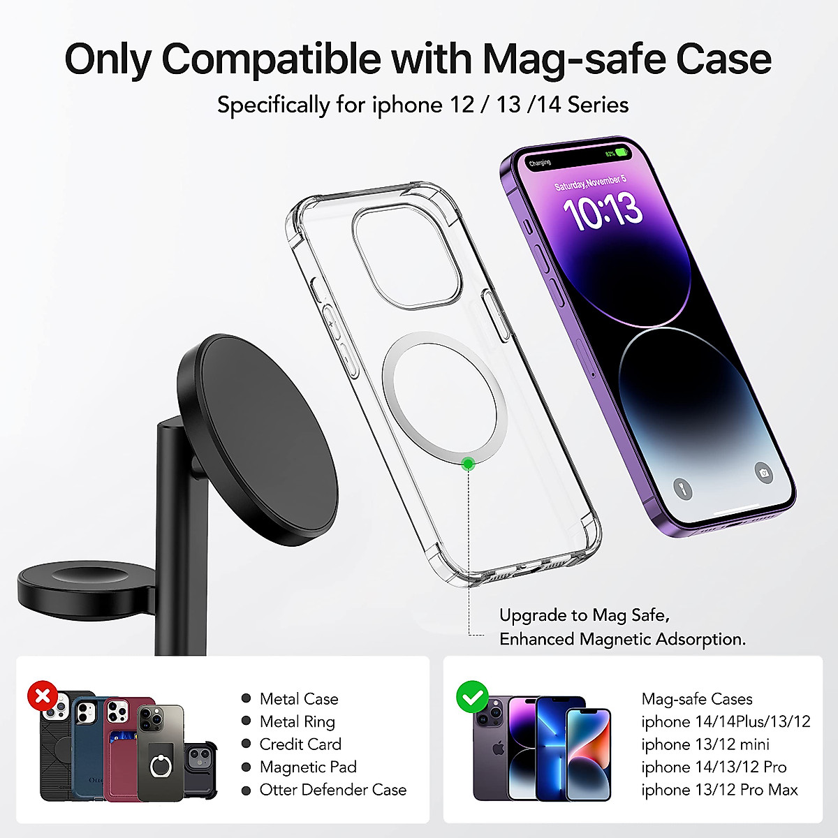 Wireless Charger, 3-in1 Magnetic Charging Station Fast Wireless Mag-Safe Charging Stand (Upgraded Black)