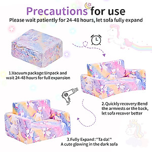 IFNOW Toddler Couch, Toddler Chair Folding, Kids Couch 2 in 1, Kids Sofa for Playroom-Extra Soft 2 Seats, Glow in The Dark Open Couch, Gifts for Kids, Sleeper for Girls Boys, Unicorn