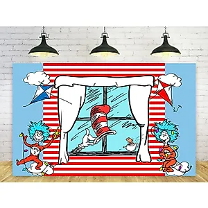 Red and Blue Stripes Backdrop Party Supplies Dr Seuss Birthday Theme Photo Background Cat in The Hat Banner for Birthday Party Caketable Decoration 5x3ft