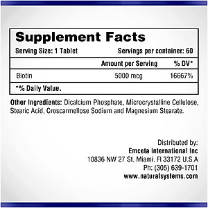 Biotin 60 Tablets 5000 mcg by Natural Systems | Biotin Hair Growth Support Pills | Hair Skin Nails Vitamins for Men and Women | Biotin Supplement Improves Cell Growth