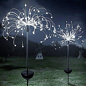 Honche 2 Pack Solar Firework Lights Plug in Ground, 120LED 8 Modes Solar Garden Colorful Lights, Starburst Lights for Pathway, Patio, Lawn, Backyard, Christmas Party Decorative(CW-Round)