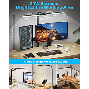 KPBOTL 24W Double Head Architect Desk Lamp for Home Office, Ultra Wide 30.9'' Eye-Caring Auto Dimming Desk Light with Adapter, Super Bright Table Lamp with Flexible Gooseneck,5 Colors,10 Brightness
