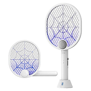 Buzbug Electric Fly Swatter, Type-C Rechargeable Bug Zapper Racket with Charging Base, Foldable Bug Zapper for Indoor and Outdoor, Mosquito Swatter with Blue-Purple Working Light