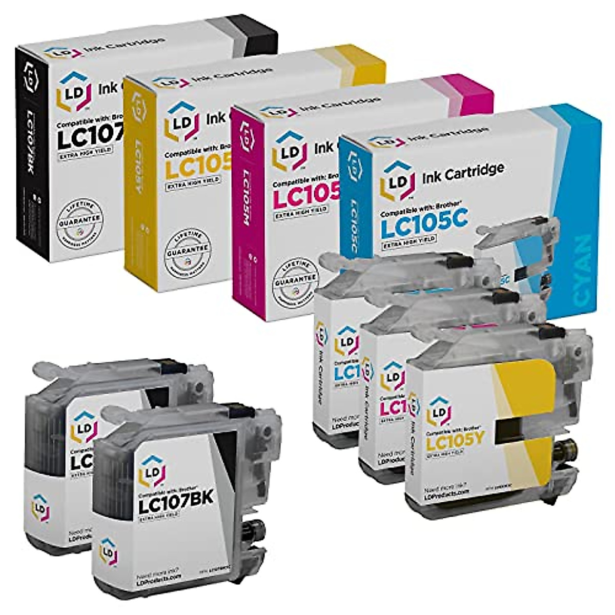 LD Compatible Ink-Cartridge Replacements for Brother LC107 & LC105 Super High Yield (2 Black, 1 Cyan, 1 Magenta, 1 Yellow, 5-Pack)